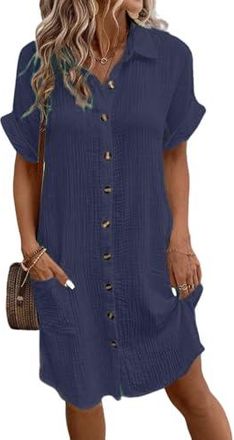 Generic Robe chemise simple &agrave; col en V pour femme, robe chemise unie, d&eacute;contract&eacute;e, l&eacute;g&egrave;re, ample, robe de plage avec poches, bleu marine, 3XL