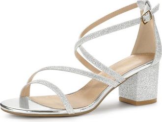 Allegra K Femmes Sandales Talons &Eacute;pais Brides Crois&eacute;es Scintillantes Argent 41