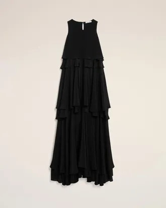 Ami Robe Longue Noire A Volants en Soie M&eacute;lang&eacute;e Noir - 34 - Femme