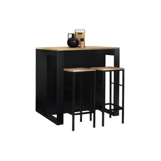 IDMarket Set juno Insel-Bartisch aus schwarzem Holz mit Tischplatte in Buchenholzoptik und 2 Barhockern detroit