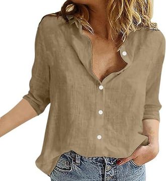 Generic Chemise ample en lin &agrave; manches courtes boutonn&eacute;e pour femme - Chemise en lin bleu p&acirc;le pour femme - T-shirt uni surdimensionn&eacute; Linentops Haut blanc Ha