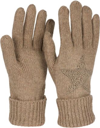 styleBREAKER Damen Strickhandschuhe mit Strass Stern Applikation | warme weiche Winterhandschuhe mit doppeltem Bund | elastische Fingerhandschuhe, Farbe:Braun meli