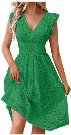Generic Robes amincissantes pour femmes, robe mi-longue, dentelle, jacquard, ajour&eacute;e, col en V, taille L, 2026, Vert, L