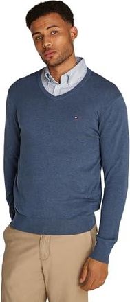 Tommy Hilfiger Pull Homme Essential Cotton Col en V, Bleu (Aegean Sea Heather), XXL