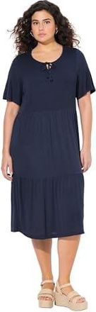 Ulla Popken Femme Grandes Tailles Robe en Jersey, décolleté Rond, empiècement smocké et Manches Courtes en Forme de Cloche Marine 58+ 837424130-58+