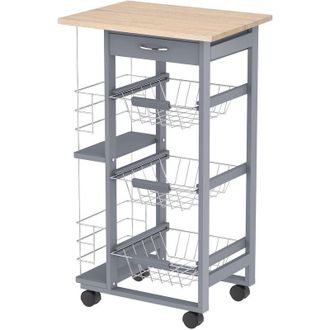 HOMCOM Chariot de service desserte de cuisine &agrave; roulettes multi-rangements 3 paniers m&eacute;tal tiroir + 2 range-bouteilles bois pin blanc