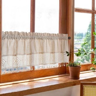 A.Monamour Gardine Scheibengardinen Kurzstores Ländliche Boho Baumwolle Leinen Hohl Gestrickt Häkeln Spitze Mit Quasten Kurzvorhang Küchengardine Küche Vorhang F