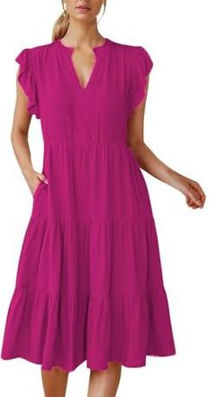 Generic Robe d&eacute;t&eacute; pour femmes - Robe midi &agrave; manches volant&eacute;es et col en V - Coupe fluide et d&eacute;contract&eacute;e, style boh&egrave;me, vacances de plage, robe ample pour fem