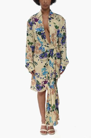 Off-white SEASONAL Wrap Shirt Dress with Floral Print and Side Drape Off-White