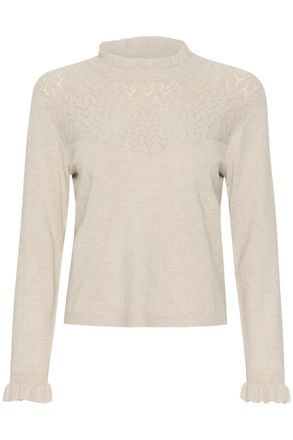 Cream Womens Blouse Knitted Long Sleeves Mock Neck Regular Fit Frill Details Pullover, Oat Melange, XL