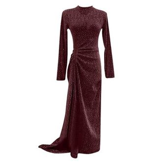 Generic Robe pliss&eacute;e &agrave; paillettes avec fente haute et col montant, Rouge, Taille unique