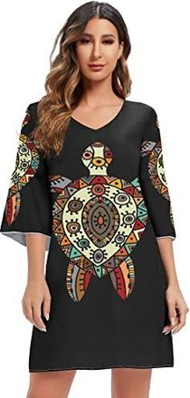 Mnsruu Mini robe en mousseline de soie à manches 3/4 et col en V pour femme Motif tortue ethnique Noir, Multicolore, XL-XXL