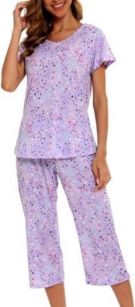 Mia Lucce Pyjama Femme Été Coton Manche Courte Ensemble Femme Ete avec T - Shirt à Manches Courtes et Capri 2 Pièces, S-XXXL
