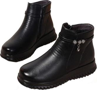 Generic Bottines de neige en cuir à talon compensé pour femme, chaudes, antidérapantes, doublées, fermeture éclair latérale, pour le travail, Noir, 38.5 EU