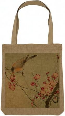 Fabulous Sac Shopping Tote Bag Aspect Lin - Sakura et Oiseau Estampe Japonaise Illustration Traditionel Art Motif - Sac de Courses Toile Epaisse 360g Beige Nat