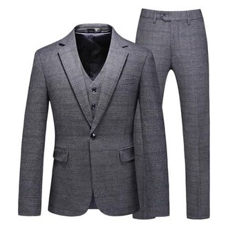 Generic Ensemble de smoking 3 pi&egrave;ces pour homme - Coupe ajust&eacute;e - Blazer &agrave; carreaux - Coupe moderne - Veste daffaires pour mariage, bal de fin dann&eacute;e, gris, 5