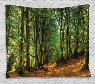 Abakuhaus Wald Wandteppich, Waldweg-Szene, Wohnzimmer Schlafzimmer Heim Seidiges Satin Wandteppich, 150 x 100 cm, Grün braun