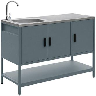 Sweeek Cuisine dext&eacute;rieure en acier bleu gris avec &eacute;vier L120cm