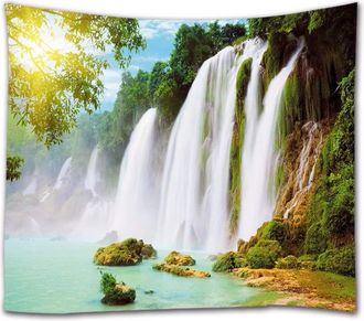 A.Monamour Wandteppiche Berg Wasserfall Gr&uuml;n Wald B&auml;ume Natur Landschaft Druck Boho Hippie Mandala Wandbehang Tapisserie Wandkunst Dekore Gewebe Tischdecke 102X1