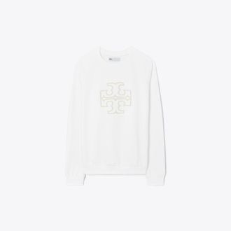 Tory Burch Damen Rundhalstop aus Merinofrottee mit Raglan&auml;rmeln und Logo in Wei&szlig;