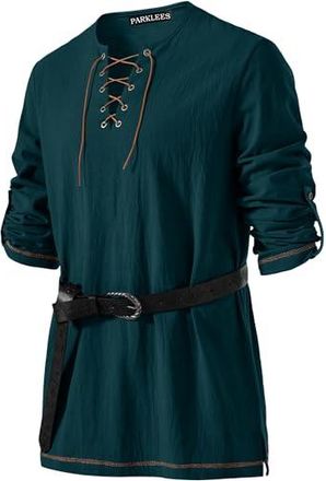 PARKLEES Chemise pour homme m&eacute;di&eacute;vale viking pirate d&eacute;guisement vintage renaissance Halloween, vert fonc&eacute;, XXL