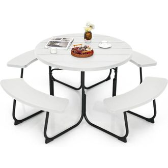 Costway Ensemble Table de Pique-Nique avec 4 Bancs Int&eacute;gr&eacute;s, Ensemble de Jardin Table de Pique-Nique Circulaire 135KG Trou pour Parasol, pour Jardin