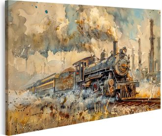 Islandburner Prime Bild auf Leinwand Dampflok fährt durch Industrieland mit rauchenden Fabriken im Vintage Stil Bilder Wandbilder Poster