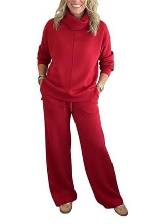Generic Ensemble 2 pi&egrave;ces avec sweat-shirt et pantalon confortable pour femme, sweat &agrave; col montant, pantalon &agrave; jambes larges, ensemble de surv&ecirc;tement, Rouge, 