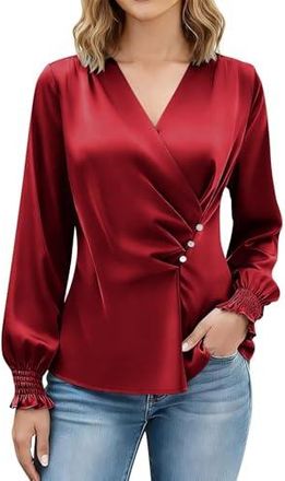 Generic Chemisier &agrave; manches longues pour femme - Chemisier en satin grande taille pour femme - Haut pliss&eacute; de luxe - Manches lanternes resserr&eacute;es - Chemisier 