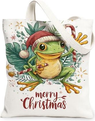 Generic Sacs fourre-tout en toile motif amphibien de No&euml;l, sacs d&eacute;picerie r&eacute;utilisables, l&eacute;gers et lavables, blanc, 13x15 Inch