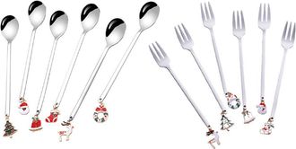 Hemoton 12 St&uuml;ck Weihnachten Edelstahl Kaffeel&ouml;ffel Vorspeisengabel Geschirr Dessertl&ouml;ffel, R&uuml;hren, Mischen, R&uuml;hren, Obst, Kuchen, Teel&ouml;ffel- Set (Silber- 6 L