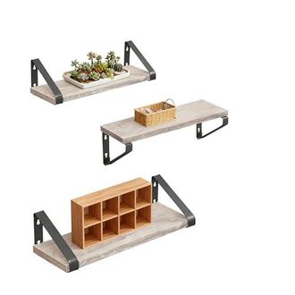 Relaxdays Wandregal, 3er Set, 3 Gr&ouml;&szlig;en: 30, 35, 40 cm Breite, Holzoptik & Metall, Wandbretter f&uuml;r B&uuml;cher & Deko, Greige
