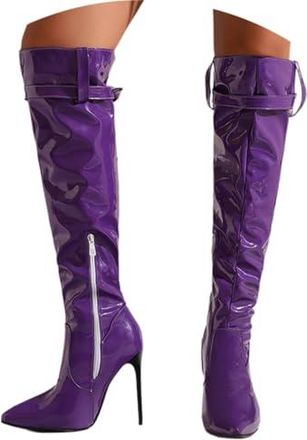 Generic Bottes hautes f&eacute;minines &eacute;l&eacute;gantes &agrave; talons aiguilles pour soir&eacute;es et &eacute;v&eacute;nements formels avec bout pointu montant jusqu genou (Purple 2, 35)