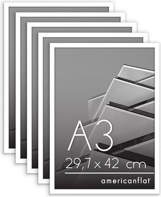 Americanflat Din A3 Bilderrahmen Set aus Kunststoff (5er Pack) - schmaler Fotorahmen mit poliertem Plexi-Scheibe - integrierte Aufh&auml;ngung f&uuml;r Hoch- und Querformat 