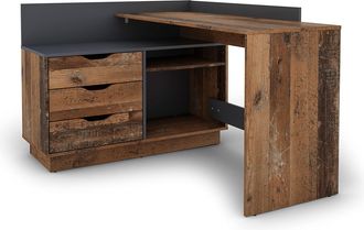 Byliving Winkelschreibtisch Belfast/Rechts oder Links montierbar / 3 Schubkästen/Old Wood-Optik - anthrazit/Bürotisch/Eckschreibtisch/Schreibtisch/B 129, H 83,