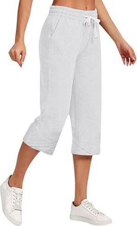 Generic Pantacourt en lin pour femme, pantalon court en lin pour femme, taille &eacute;lastique, jambe droite, avec poches, couleur unie, pantalon 3/4 avec cordon de