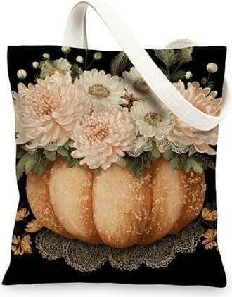 Generic Sacs fourre-tout en toile motif floral citrouille, sacs dépicerie réutilisables, vintage légers et lavables avec bandoulière B, noir, 13x15 Inch