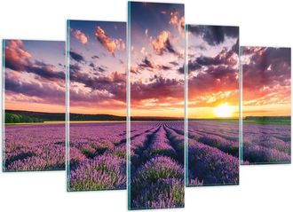 Arttor Mehrteilige Bilder auf Glas 150x100cm Glasbild Lavendel Berge Feld Groß XXL Wanddeko Schlafzimmer Küche Set 5 teilige Wandbilder Dekoration Wohnzimmer