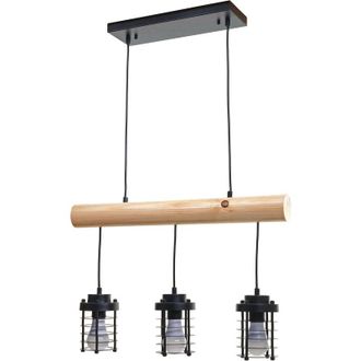 Mendler Lampe &agrave; suspension HWC-H83, m&eacute;tal industriel, bois massif, noir 3x abat-jours cage