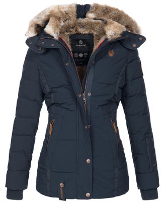 Marikoo warme Damen Winter Jacke Winterjacke Steppjacke gef&uuml;ttert Kunstfell B658 [B658-Nek-Navy-Gr.S]