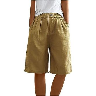 Generic Short en lin pour femme - Taille &eacute;lastique - Longueur genou - En coton et lin - Avec poches - Bermuda &agrave; jambe large pour l&eacute;t&eacute;, la plage, le sport, le 