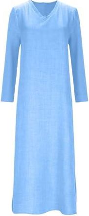 Generic Robe amincissante en lin uni avec col en V et manches longues, tunique maxi d&eacute;contract&eacute;e pour la plage, bleu, XXL