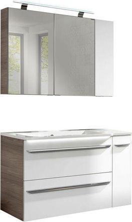 Fackelmann luxor Badm&ouml;bel Set 5-teilig 100 cm, Braun/Wei&szlig; + LED-Spiegelschrank + Badschr&auml;nke rechts-90218145