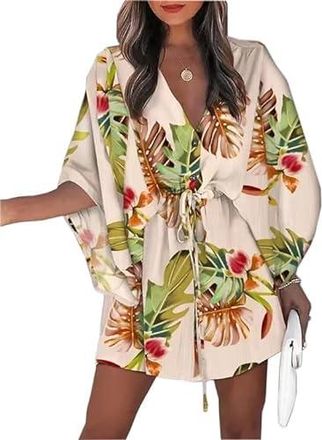 Generic Mini robe trapèze à manches courtes et col en V avec imprimé floral pour femme, abricot, L
