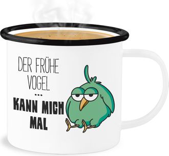 Shirtracer Emaille Becher Blechbecher - Statement Spr&uuml;che - Der fr&uuml;he Vogel kann mich mal - 300 ml - Wei&szlig; Schwarz - sarkasmus v&ouml;gel tasse spruch tiere spruechen 