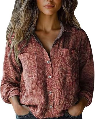 Generic Chemisier &agrave; manches longues pour femme - Style vintage - Chemise florale boh&egrave;me - Col en V - Boutonn&eacute;e - Motif floral - T-shirt &agrave; manches longues - Ch