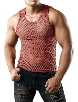 JOGAL T-shirt transparent pour homme &agrave; manches courtes en filet pour muscles, Rouge et marron., XXL
