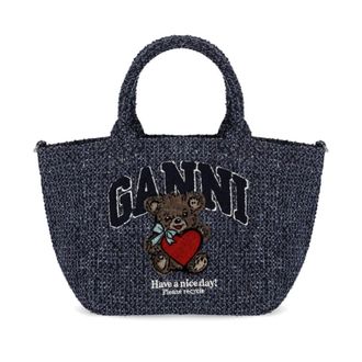 Ganni Tweed Denim Small Bear Tote - - Bags - Damen - Blau - ONE SIZE
