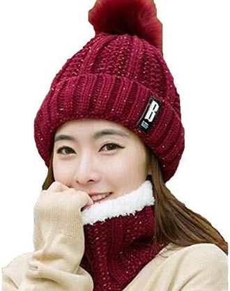 Generic Bonnet de baseball chaud tricoté pour femme avec écharpe en velours pour entraînement par temps froid et vie quotidienne, violet, Taille unique