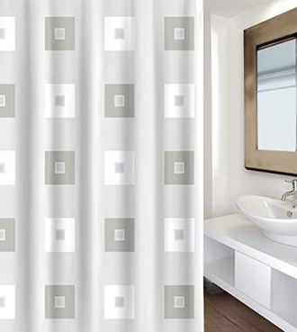 MSV Premium 142104 Anti-Schimmel Textil Duschvorhang - Anti-Bakteriell, waschbar, 100% wasserdicht, mit 12 Duschvorhangringen - Polyester, Blocks 180x200c